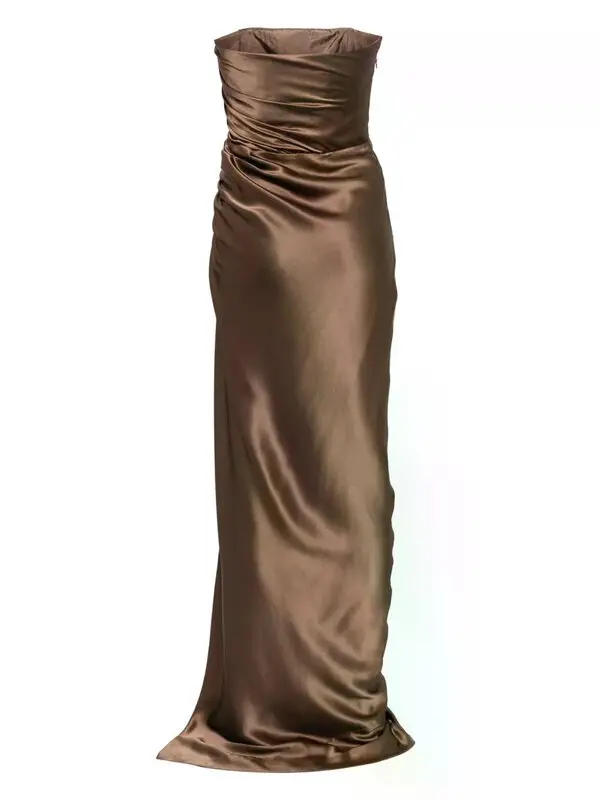 Michelle Mason Strapless Gathered Silk Gown - Brown