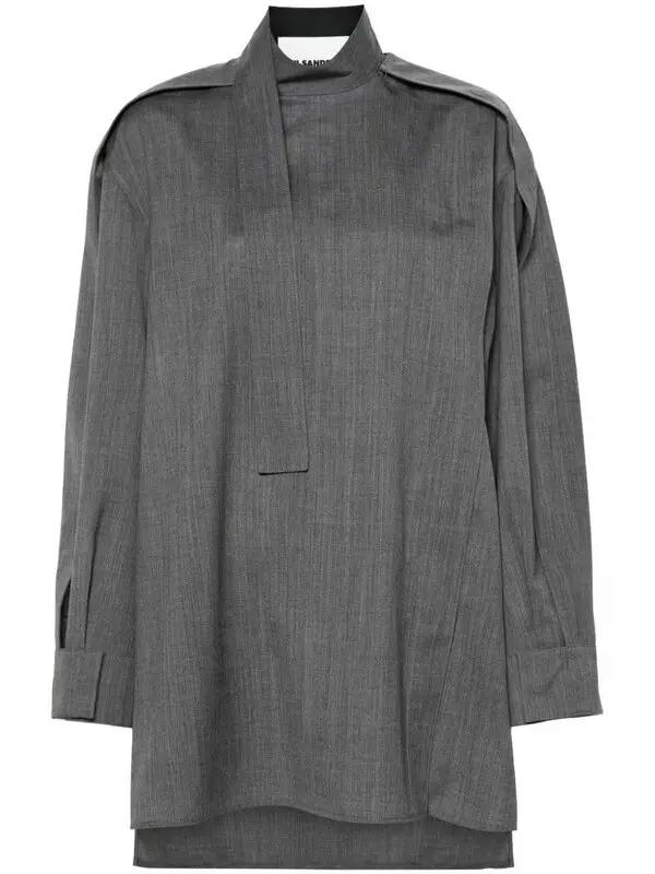 JIL SANDER Wool Blouse With Attached Scarf Detail - Grey