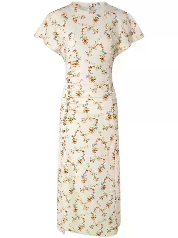 Rabanne Floral Print Ruched Midi Dress - Neutrals
