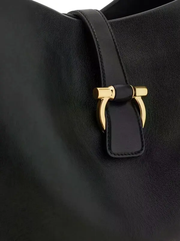 FERRAGAMO Large Leather Tote Bag With Gancini Clasp - Black