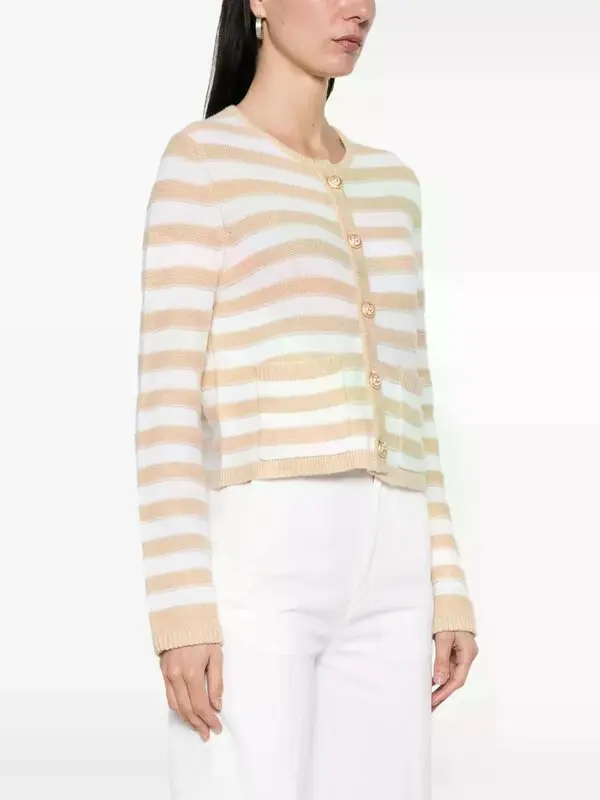 ALLUDE Striped Crew Neck Cardigan - Neutrals