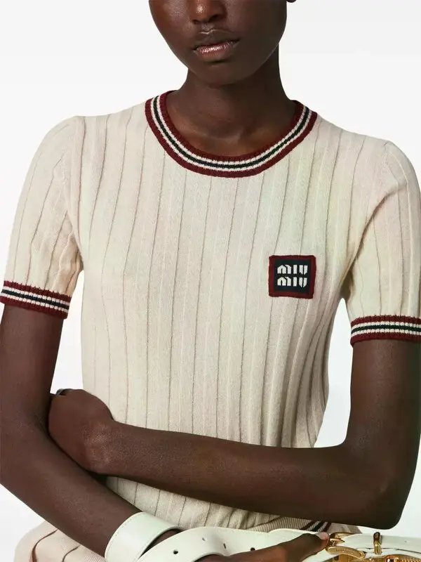Miu Miu Ribbed Cashmere Logo Appliqué Top