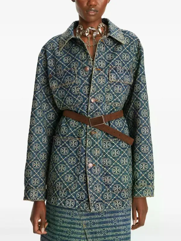Tory Burch Monogrammed Denim Cargo Jacket