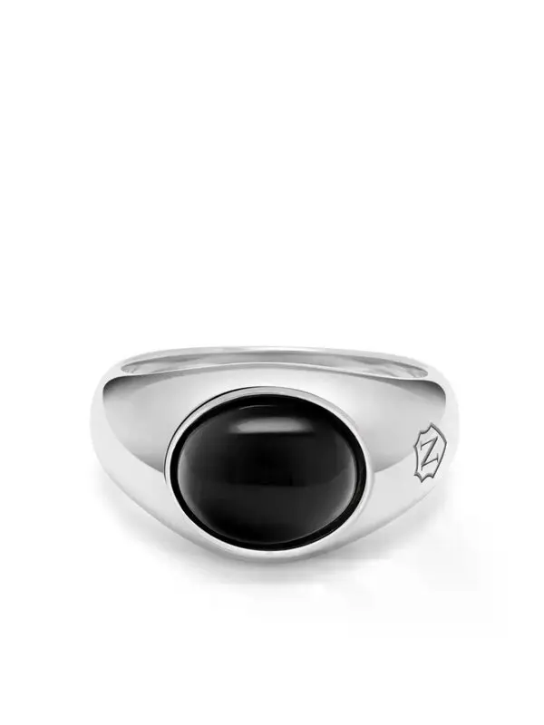 NIALAYA JEWELRY Onyx Engraved Signet Ring In Stainless Steel