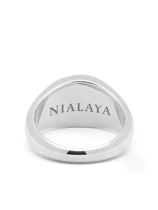 NIALAYA JEWELRY Onyx Engraved Signet Ring In Stainless Steel