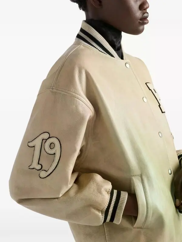 Prada Logo-appliqué Leather Bomber Jacket - Neutrals