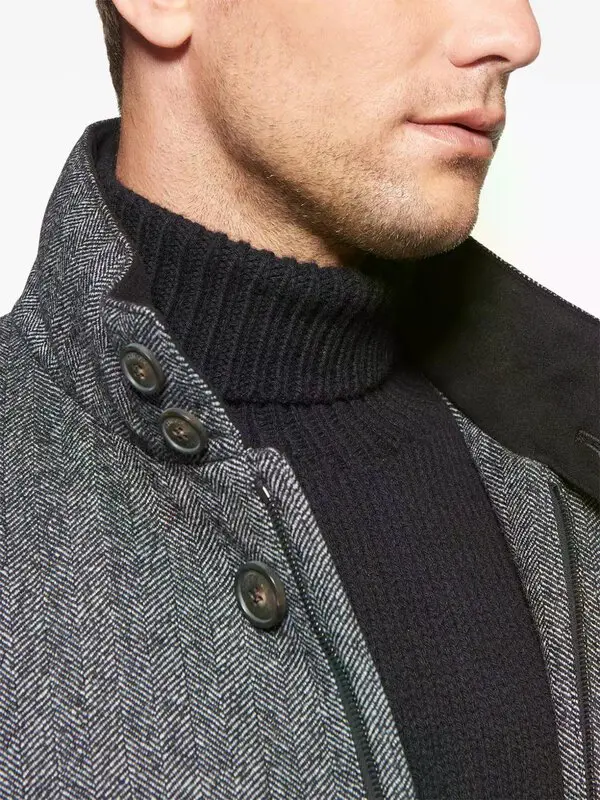 NORWEGIAN WOOL Virgin Wool-cashmere Blend Herringbone High Neck Coat - Grey