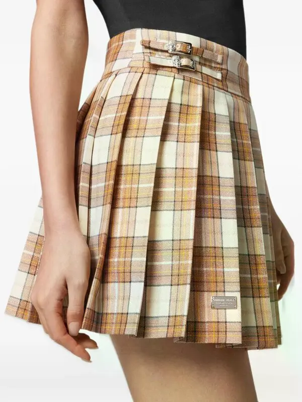 Philipp Plein Pleated Flame Skirt In Brown Check