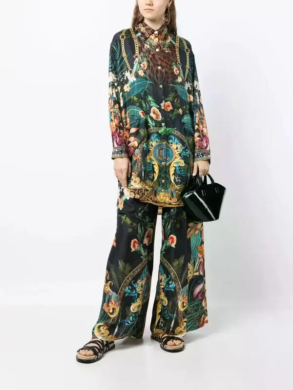 Camilla Graphic-print Silk Wide-leg Trousers - Black