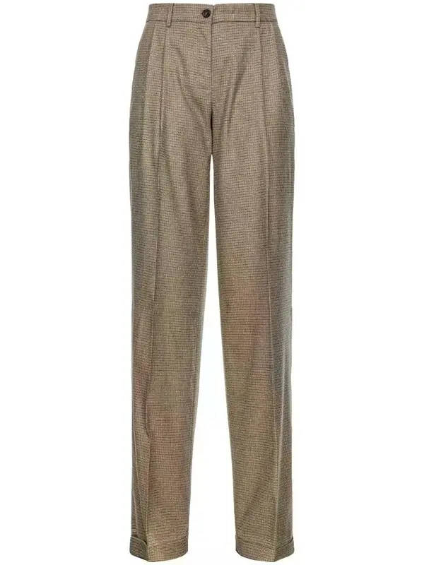 Pinko Beige Wool Blend Plaid Check Flannel Wide-leg Trousers