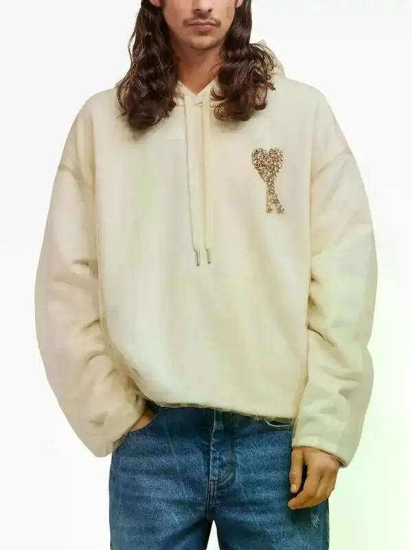 AMI Paris Tulle Overlay Hoodie With Rhinestone De Coeur Monogram