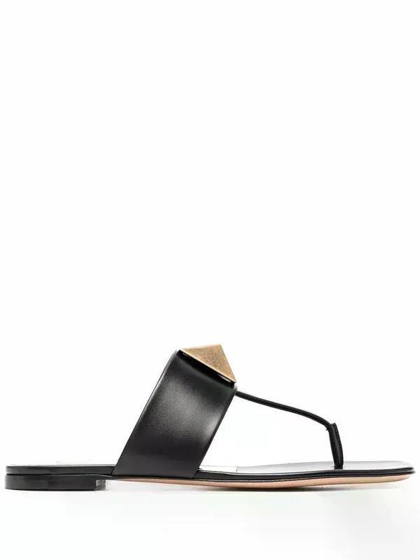 Valentino Garavani Calf Leather One Stud Flat Sandals - Black