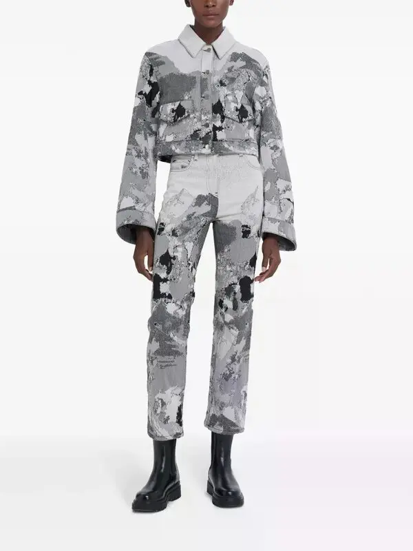 Ports 1961 Abstract Pattern Cropped Denim Jacket - Grey