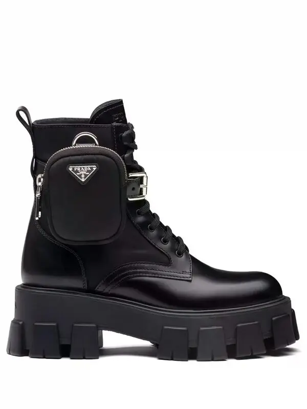 Prada Monolith Leather And Re-nylon Combat Boots With Pouch - Black