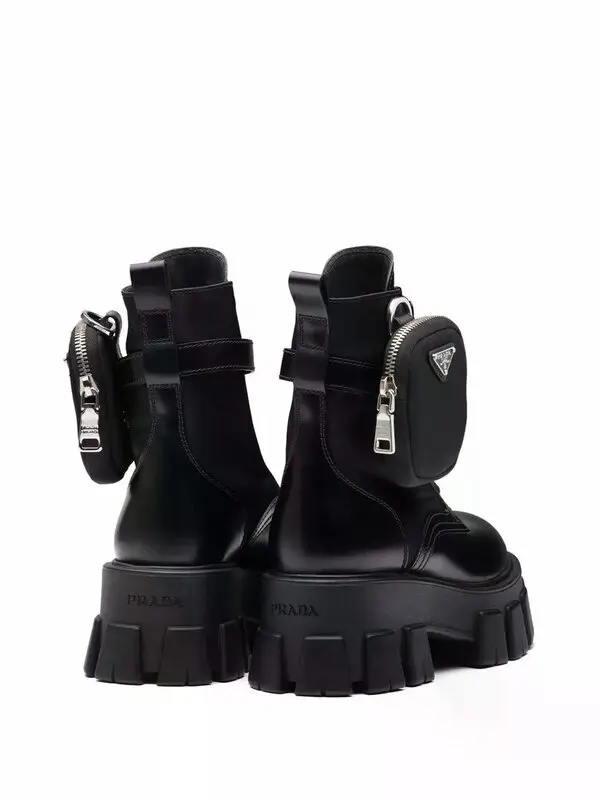 Prada Monolith Leather And Re-nylon Combat Boots With Pouch - Black