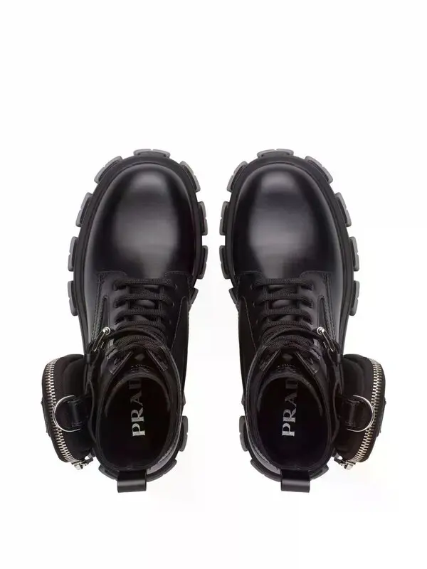Prada Monolith Leather And Re-nylon Combat Boots With Pouch - Black