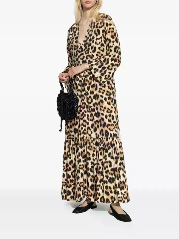 Munthe Leopard Print Maxi Dress With Bell Sleeves And Ruffled Hem
