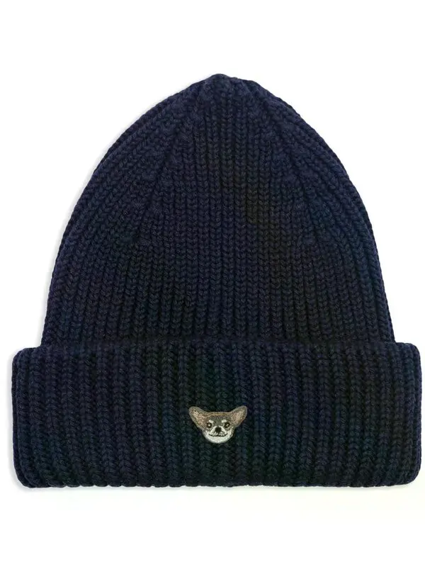 PELO FOUNDATION Midnight Merino Wool Beanie Hat With Chihuahua Appliqu - Blue