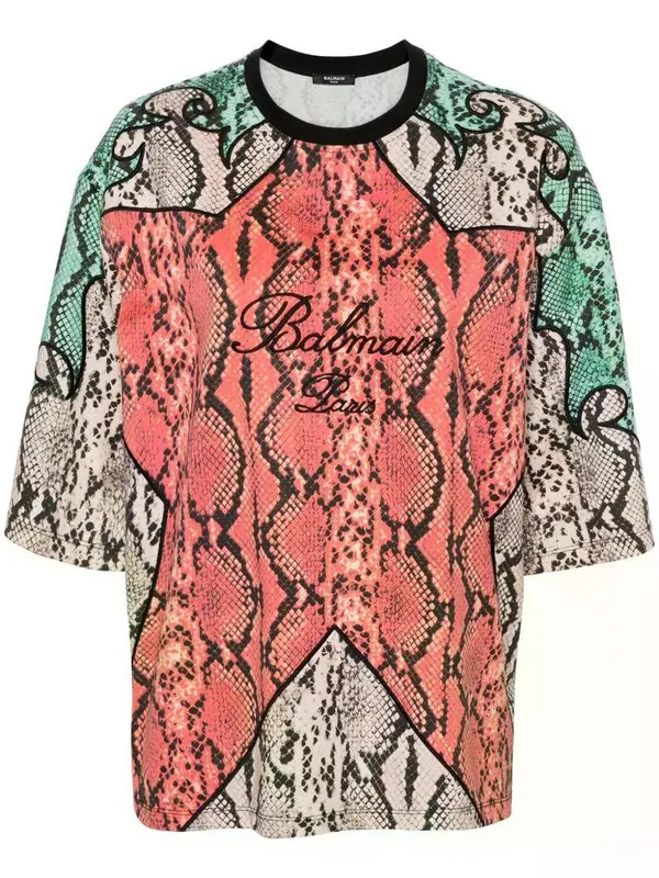 Balmain Python-print Organic Cotton T-shirt - Red