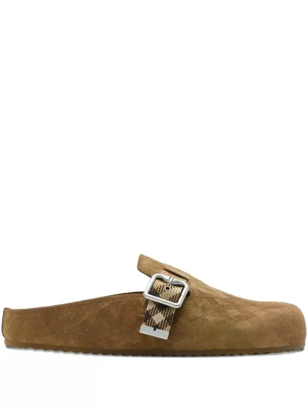 Burberry Suede Embossed Check Clogs With Buckle Strap - Brown