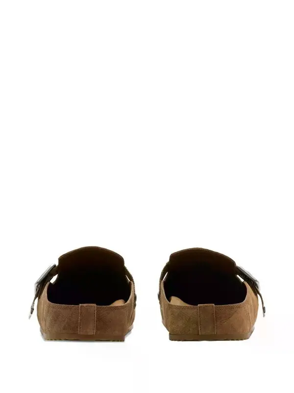 Burberry Suede Embossed Check Clogs With Buckle Strap - Brown