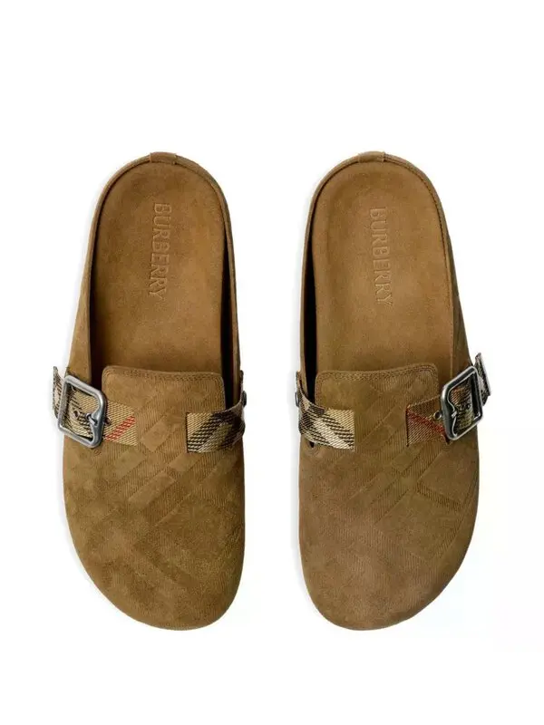 Burberry Suede Embossed Check Clogs With Buckle Strap - Brown