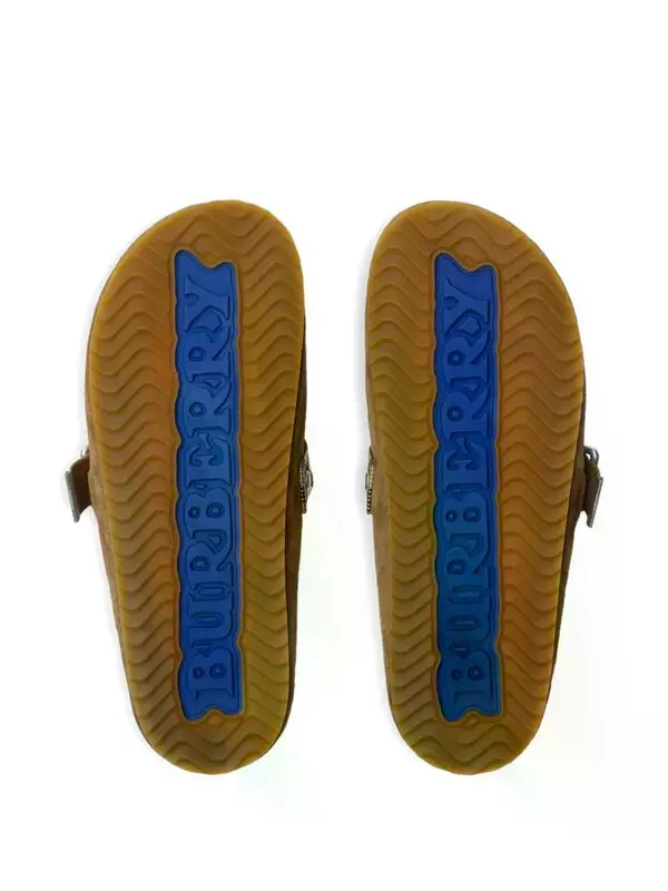 Burberry Suede Embossed Check Clogs With Buckle Strap - Brown