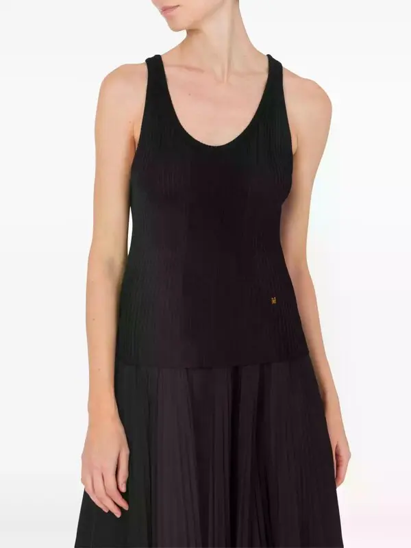 Moschino Ribbed-knit Scoop Neck Sleeveless Top With Gold-tone Logo Plaque - Black