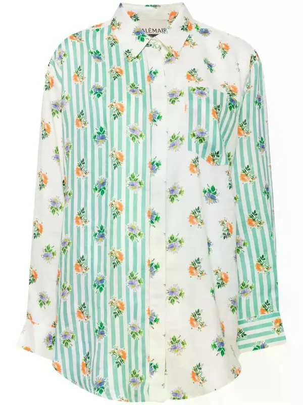 ALEMAIS Alemas Floral Print Striped Linen Shirt - Neutrals