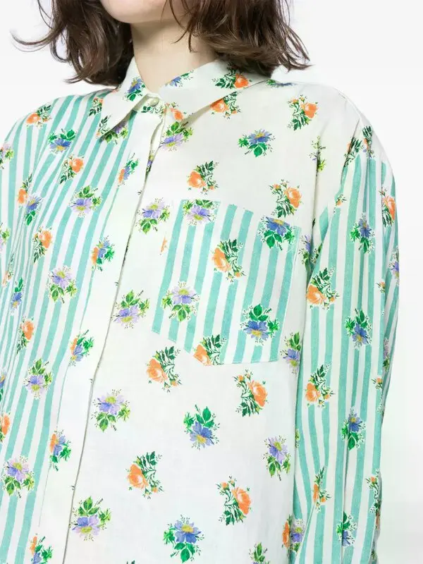ALEMAIS Alemas Floral Print Striped Linen Shirt - Neutrals