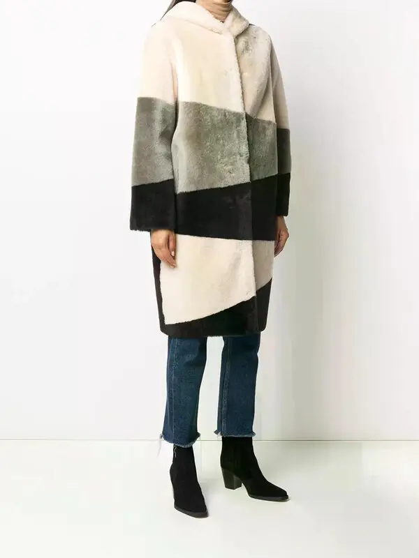 LISKA Hooded Single-breasted Colour-blocked Fur Coat