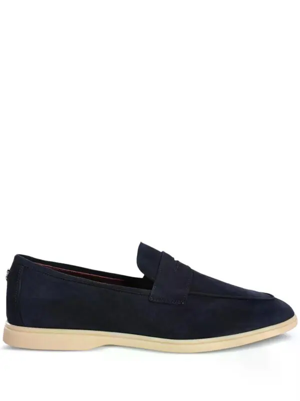 BOUGEOTTE Midnight Suede Loafers With Logo Plaque And Contrast Stitching