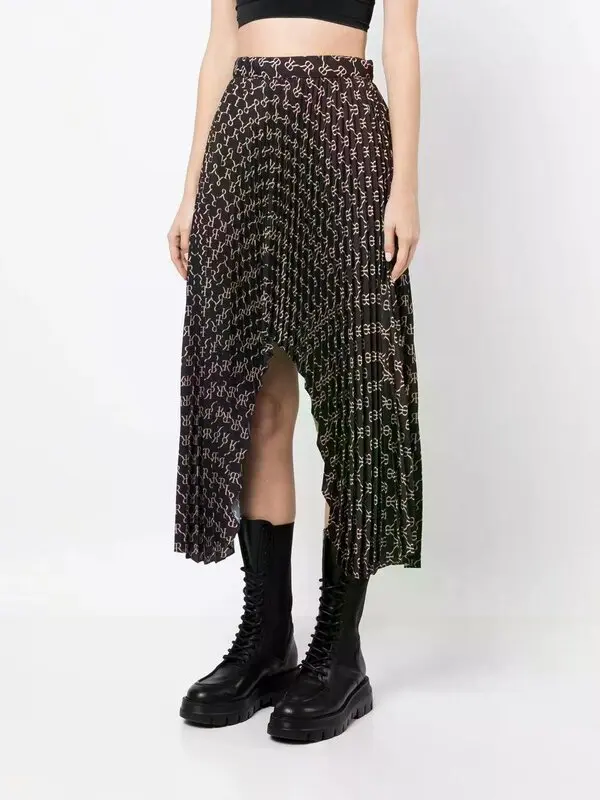 Rokh Monogram Print Asymmetric Pleated Skirt - Brown