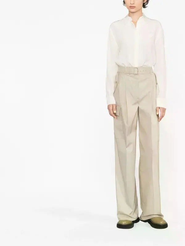Prada Belted Wide-leg Trousers In Light Beige Cotton Blend