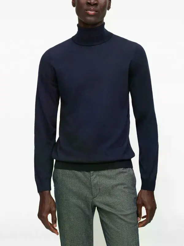 BOSS Virgin Wool Fine Knit Roll Neck Sweater - Blue