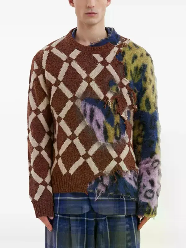Marni Distressed Colour-block Argyle Jumper