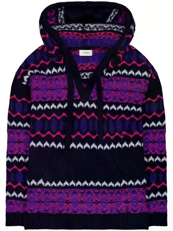 LANEUS Fair Isle Drawstring Hood Jumper - Blue