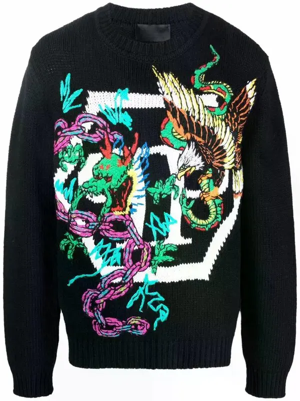 Philipp Plein Intarsia-knit Jumper With Dragon And Eagle Motif - Black