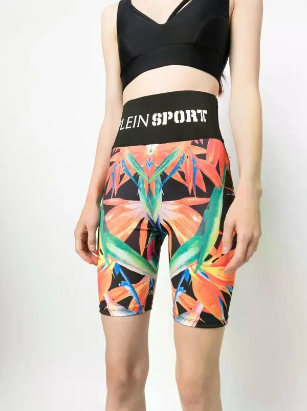 PLEIN SPORT Graphic Print High-waisted Cyclist Shorts - Black