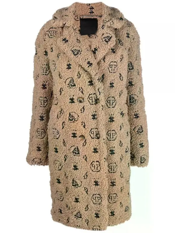 Philipp Plein Faux-fur Embroidered Monogram Coat - Neutrals