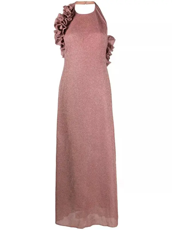 RAYANE BACHA Metallic Ruched Halterneck Maxi Dress