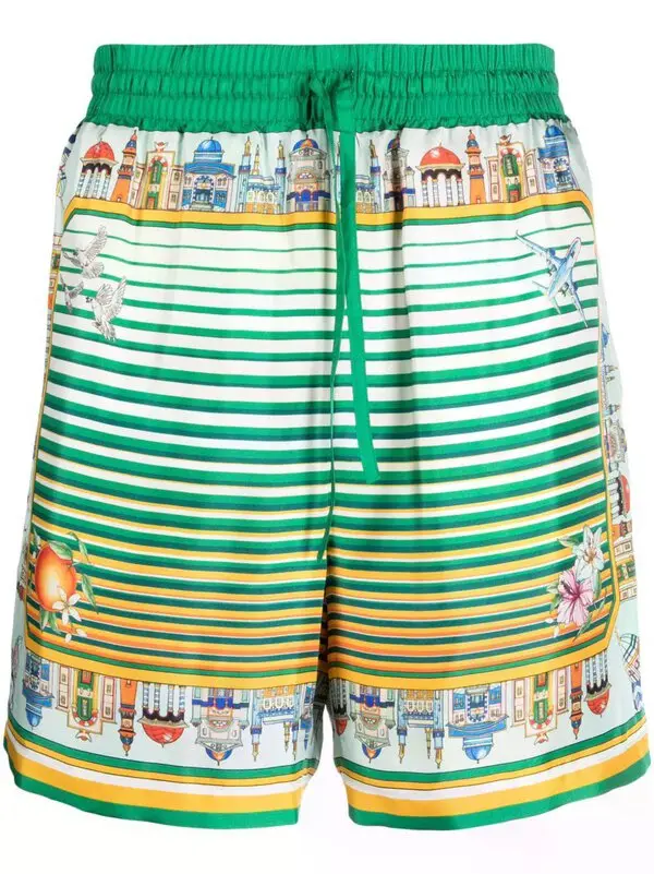 Casablanca City Scape Silk Shorts - Green