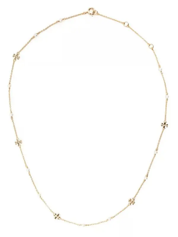 Tory Burch Tone Logo Plaque Pearl Necklace - Gold