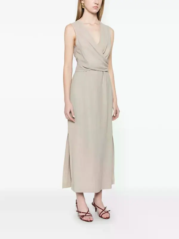 Brunello Cucinelli Sleeveless Wrap Midi Dress With Side Slits - Neutrals