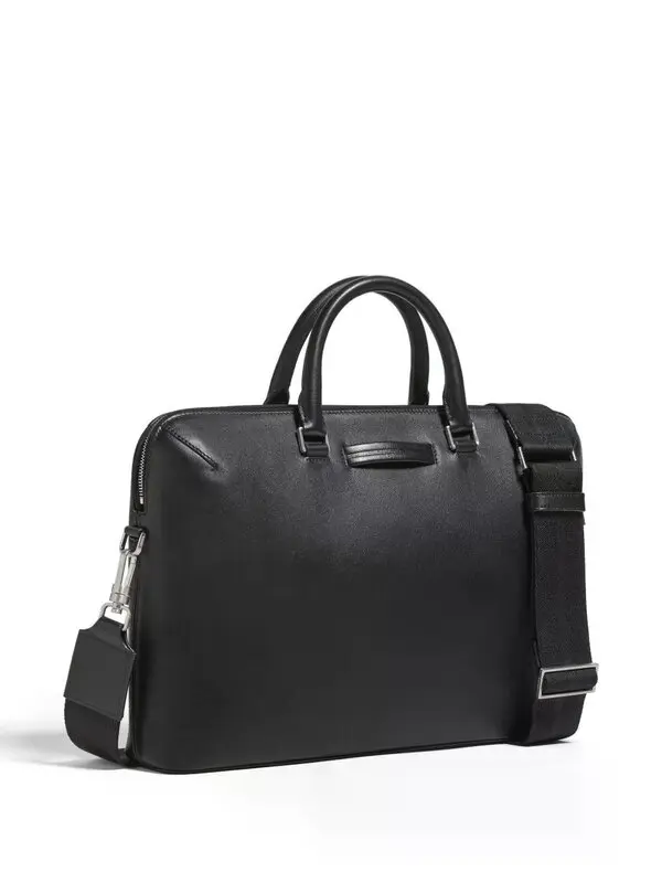 Zegna Calf Leather Briefcase With Silver-tone Logo Plaque