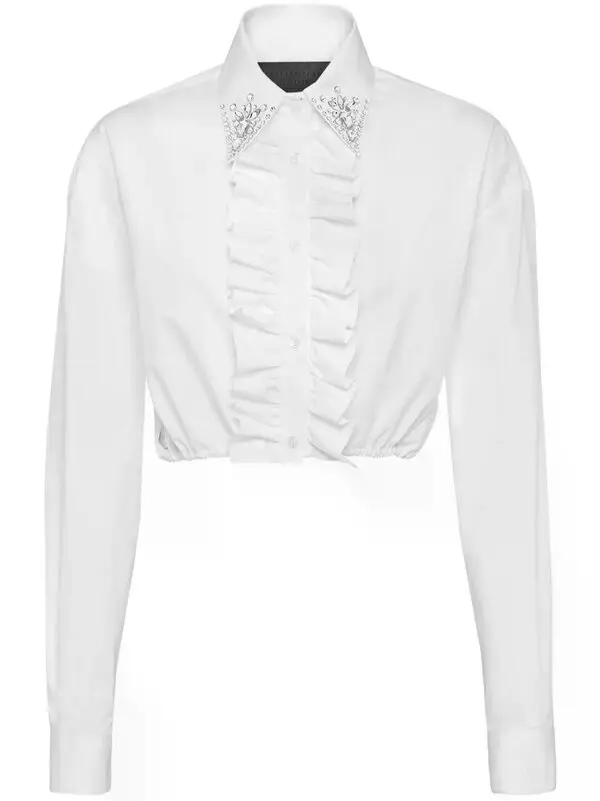 Philipp Plein Cropped Ruffled Cotton Shirt With Crystal Embellishment - White