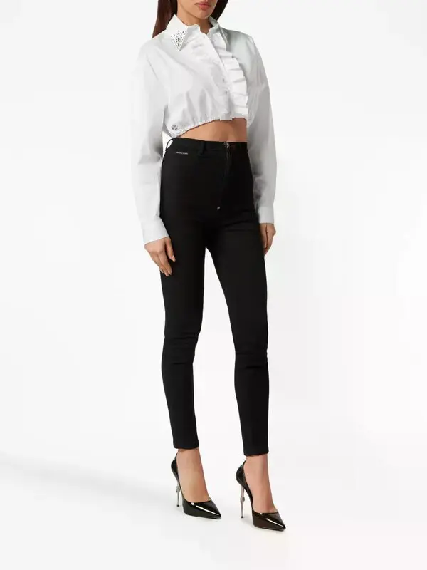 Philipp Plein Cropped Ruffled Cotton Shirt With Crystal Embellishment