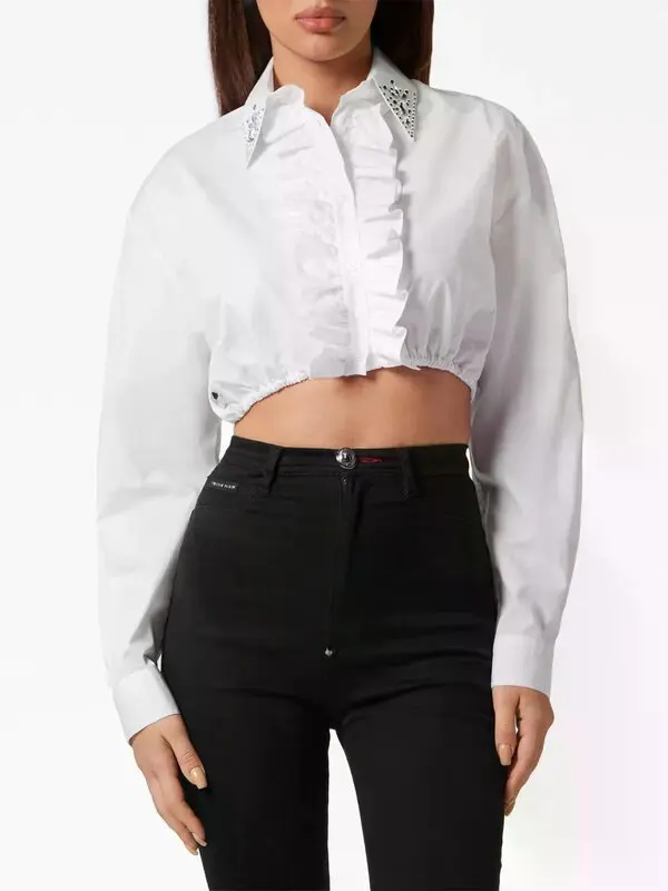 Philipp Plein Cropped Ruffled Cotton Shirt With Crystal Embellishment