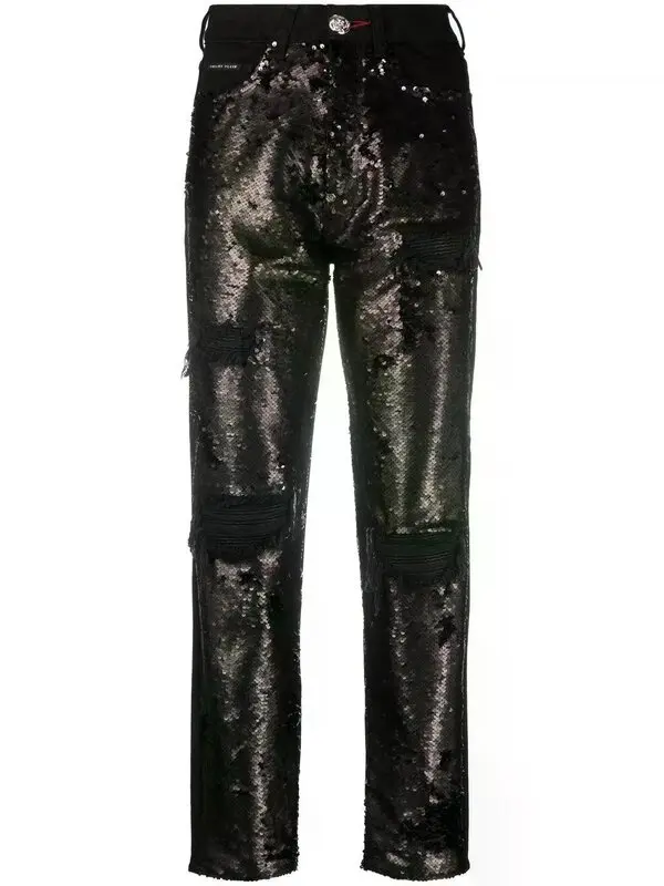 Philipp Plein High-waisted Sequinned Ripped Jeans - Black