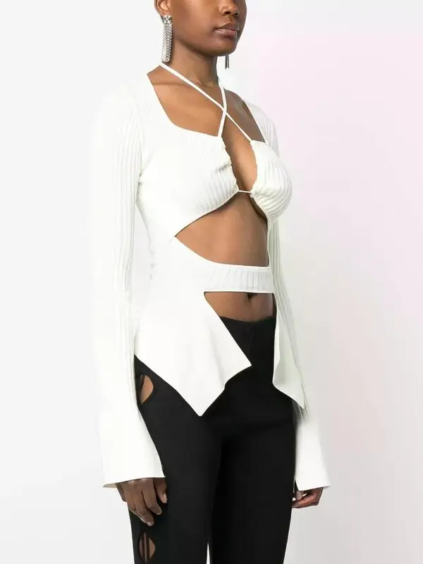 ANDREĀDAMO Asymmetric Ribbed Knit Cut-out Top - Neutrals